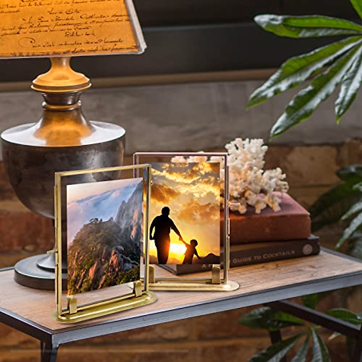 Hline Living Gold Picture Frames 4x6, Brass Floating Frame Glass Metal w/Stand Base, Photo Display for Home Wedding Office Tabletop Shelf