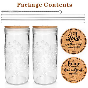 ANOTION Floral Coffee Cups, Mason Jars with Lids and Straws Glass Cups with Wildflower Bamboo Lid Iced Coffee Cups Tumbler Drinking Glasses Travel Coffee Mug Gift for Women Sister Mom
