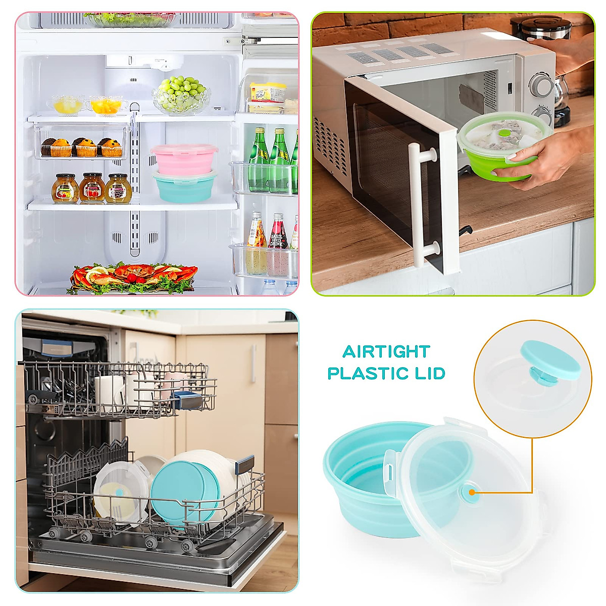 trrcylp 3Pack Collapsible Silicone Food Storage Containers with Lid 17OZ Foldable Airtight Lunch Bowls Camping for Microwave Freezer Dishwasher Safe Round 500ml