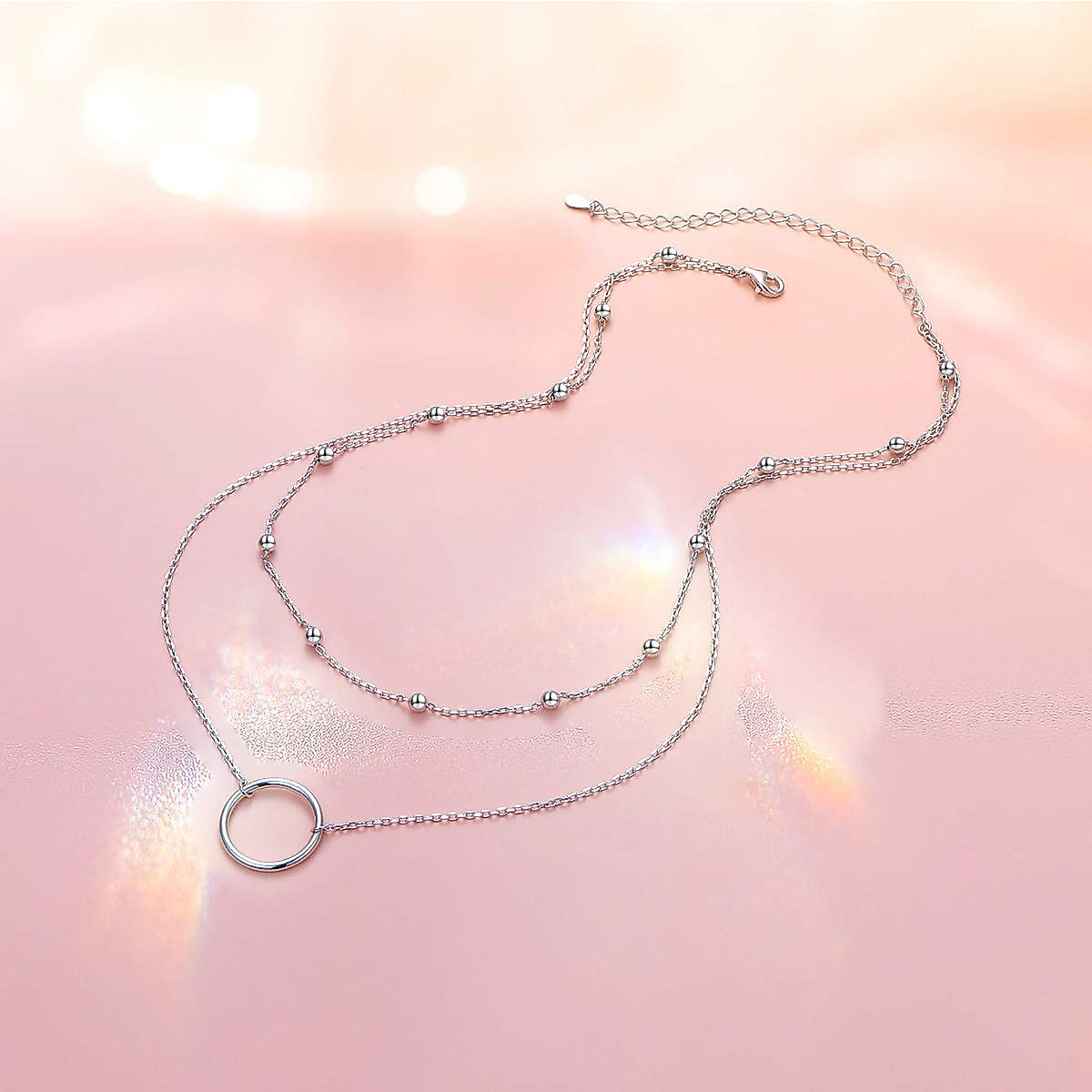 FLYOW Circle Choker Necklace S925 Sterling Silver Layered Dainty Simple Choker Necklace Circle Pendant for Women Birthday Gift
