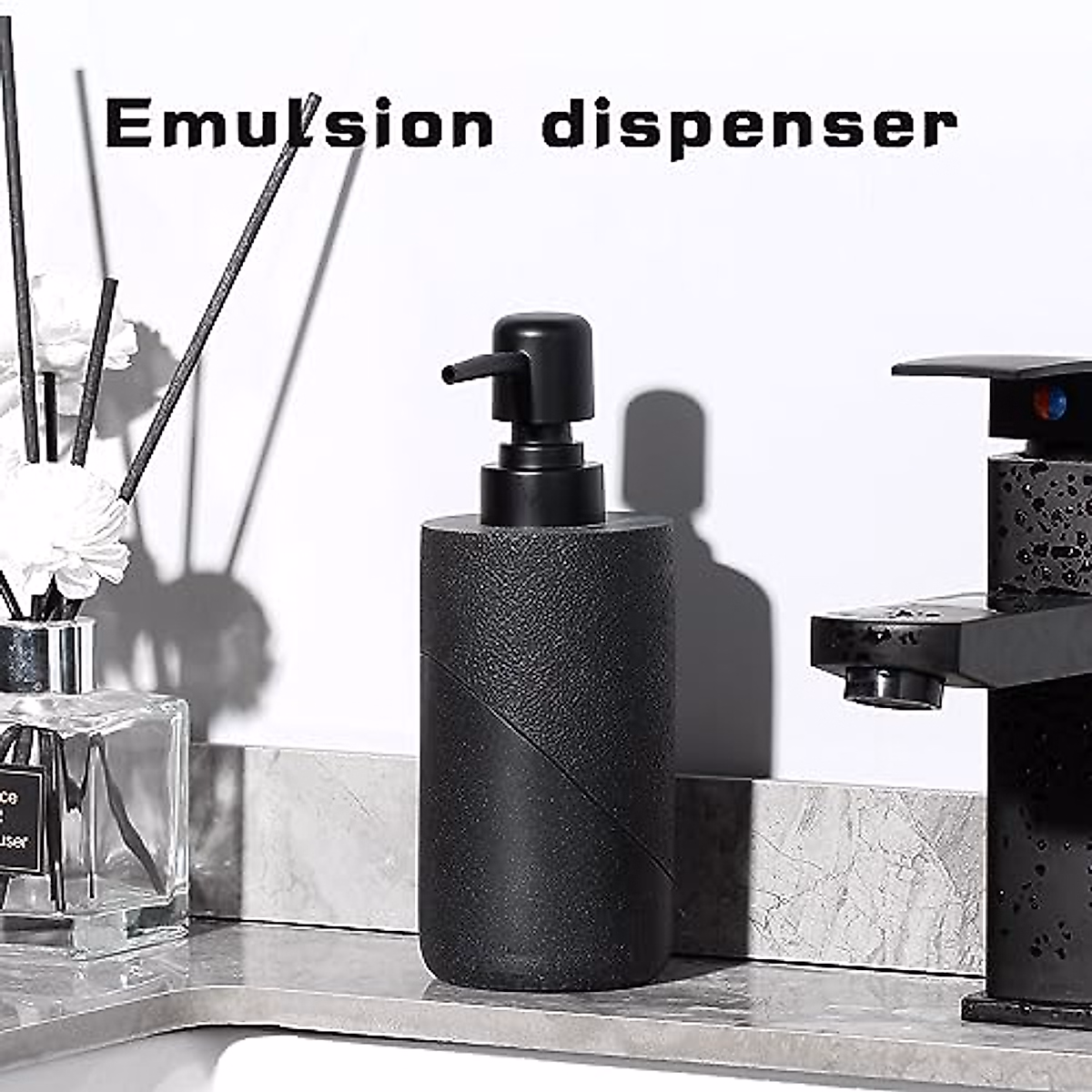 Bathroom Accessories Set, 5PCS Modern Bathroom Accessory Set with Tray, Mouthwash Cup & Toothpaste Holder & Qtip Holder, Soap Dispenser (Black)