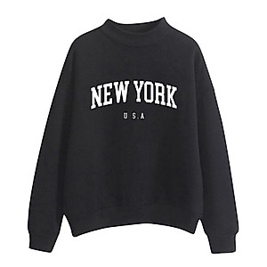 BLUBUKLKUN amazon warehouse sale clearance New York Sweatshirts for Women Fashion 2023 Winter Crewneck Solid Color Vintage Long Sleeve Pullover (Black, XXL)
