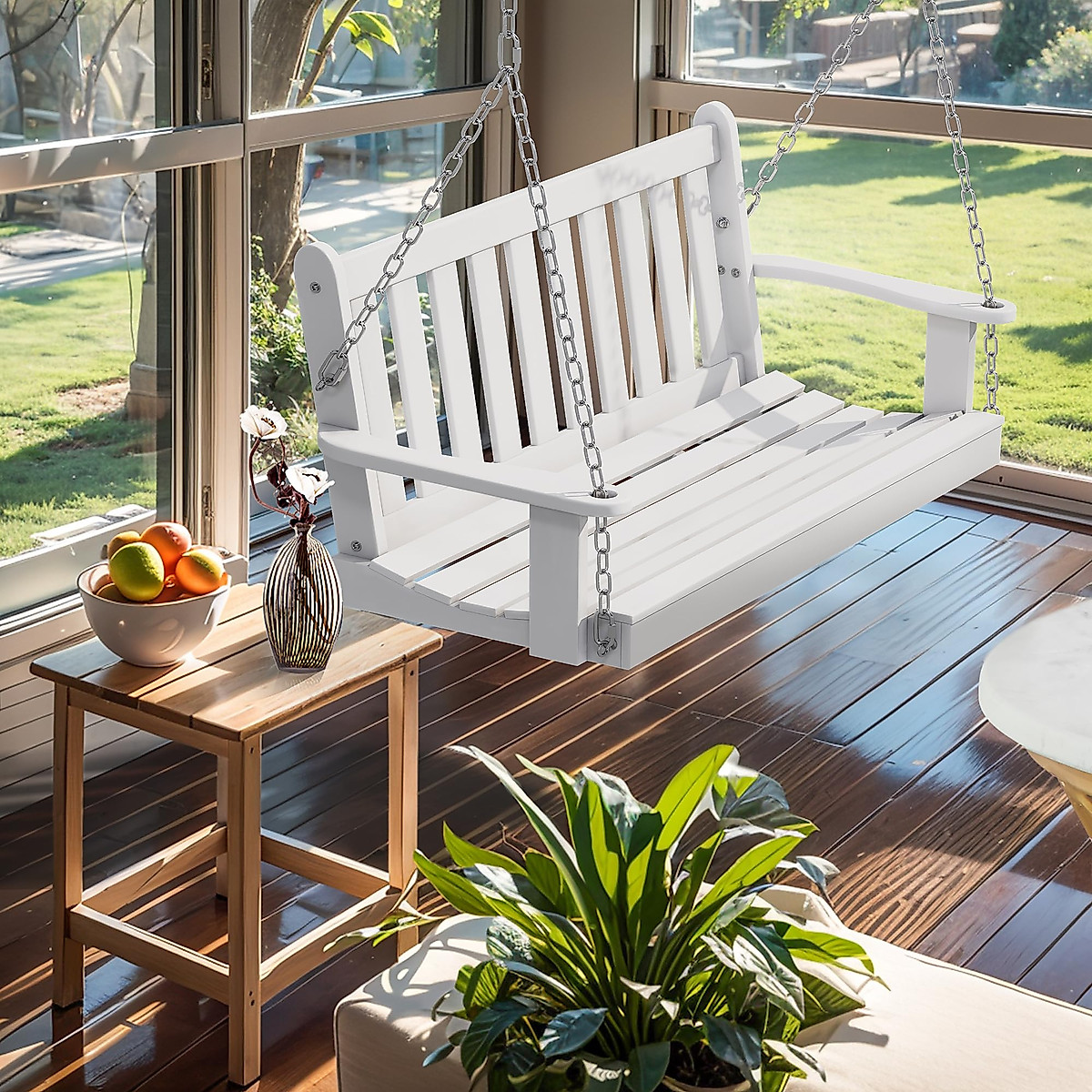 JAMFLY Wooden Porch Swing Outdoor, Bench Swing with Hanging Chains for Outdoor Patio Garden Courtyard Backyard, White