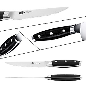 TUO Serrated Steak Knife - 5 inch Professional Kitchen Steak Knife Set 4 - Table Dinner Knife - German HC Stainless Steel Non Slip Pakkawood Handle - BLACK HAWK SERIES Including Gift Box