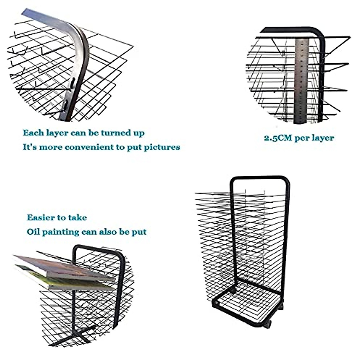 NEOCHY Drying Racks,Powder Coating Finish, Art Shelf Storage Rack on Wheels, Ideal for Education Schools and Art Clubs 20-Shelf/H78Cm/20 Floors