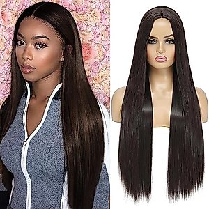 Long Straight Highlights wig Middle Part Natural hairline Synthetic Wigs for Women 24 Inch Heat Resistant Fibre for Daily Party Use(Dark Brown Mixed Brown)