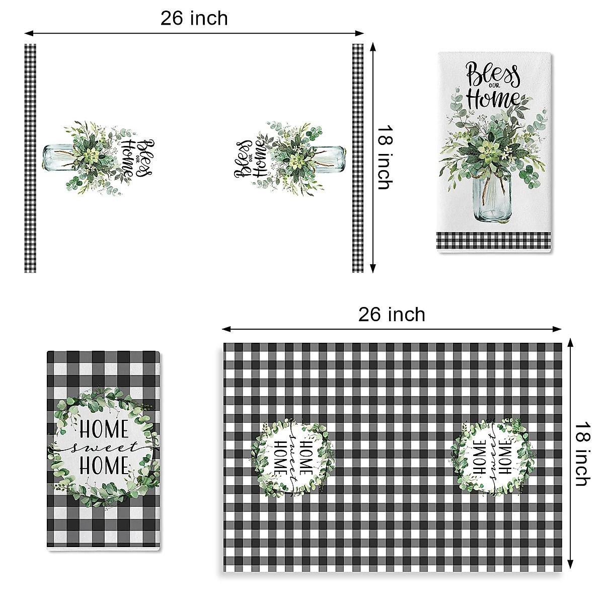 Seliem Summer Eucalyptus Greenery Kitchen Dish Towel Set of 2, Buffalo Plaid Check Absorbent Hand Drying Baking Cooking Cloth, Spring Seasonal Farmhouse Decor Bless Our Sweet Home Decorations 18 x 26