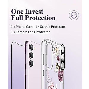 GVIEWIN Compatible with Samsung Galaxy S23 Plus Case with Screen Protector+Camera Lens Protector, Slim Shockproof Clear Floral Pattern Phone Protective Cover for Women 6.6" (Cherry Blossoms/Purple)
