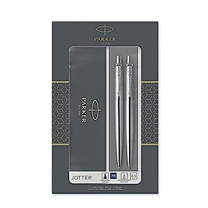 Parker Jotter Duo Gift Set with Ballpoint Pen & Mechanical Pencil (0.5mm) | Stainless Steel with Chrome Trim | Blue Ink Refill