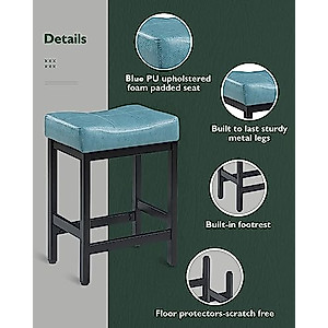KATDANS Bar Stools Set of 2, 24" Counter Height Saddle Bar Stools, Upholstered PU Leather Bar Stools for Kitchen Island, Mid Century Modern Backless Barstools with Metal Base, KS861P-Teal, 2Pcs