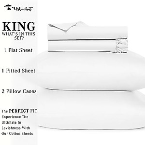 URBANHUT 400 TC Egyptian Cotton Sheets King Size, Sateen Weave Luxury Bedsheets for King Size Bed, 4 pc Bed Sheets Set, Cooling Sheets, with 16" Elasticized Deep Pockets, Hotel Sheets - White