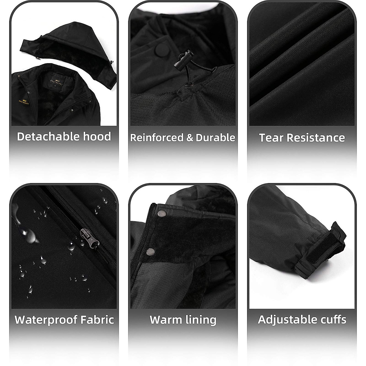 WHATWEARS Men's Winter Coats Waterproof Ski Jacket for Men Snow Coat Windproof Mountain Jackets with Hooded, Black, M