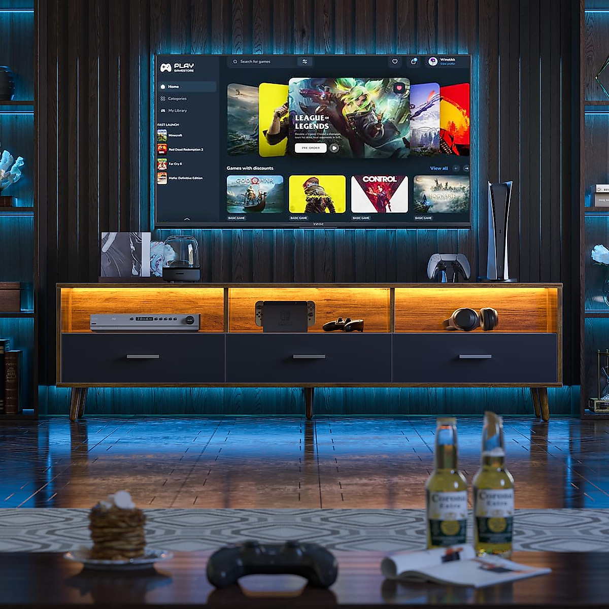 LED TV Cabinet TV Stand, 63 inch Media Console with LED Light, Entertainment Center, for TV up to 70 inch, Storage Cabinet TV Console for Living Room, Walnut Color