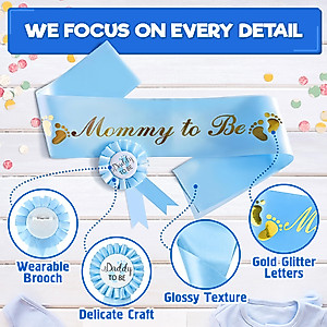 Baby Shower Sash for Mommy - Set of 2 Blue Satin Mommy to Be Sash with Dad to Be Pin, Elegant Glossy Texture with Gold Glitz Letters, Easy to Wear - Lightweight and Durable Baby Shower Decorations Boy