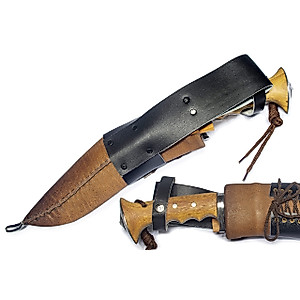 ESK Hand-Hammered Historical Iraqi Kukri Knife, 10” Blade Carbon Steel Kukri with Leather Sheath and 2 small knives, Handmade in Nepal by Bishwakarmas