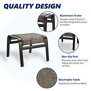 Deugold Outdoor Patio Foot Rest Ottoman Seat Textilene Portable Metal Footstool Portable Patio Chairs 2 Set Brown