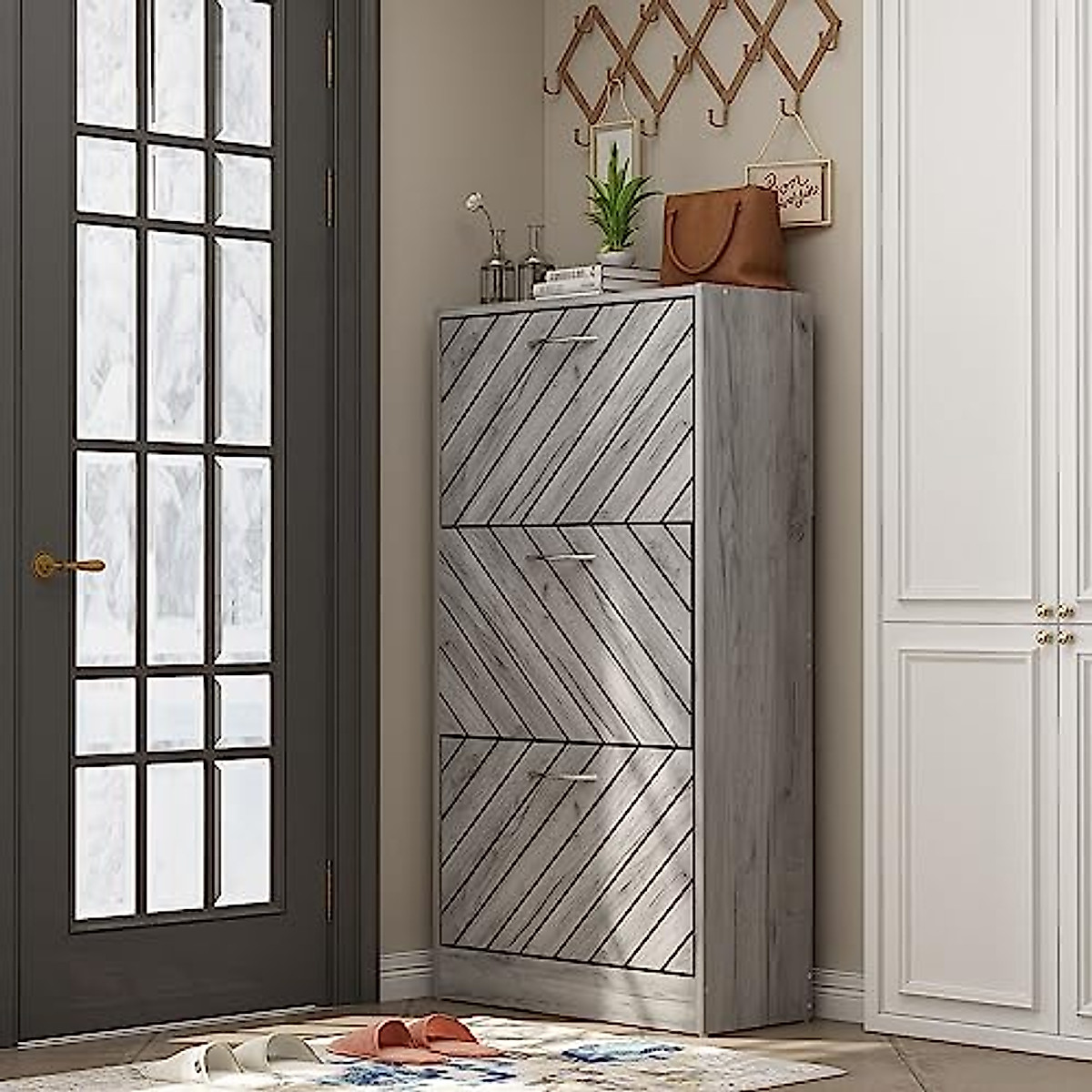 FAMAPY Modern Shoe Cabinet with 3 Flip Drawers, Freestanding Shoe Storage Cabinet, Slanted Design, Shoe Storage Organizer for Hallway Entryway Grey (22.4”W x 9.4”D x 42.3”H)