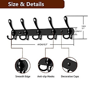 Bjiotun Coat Rack Wall Mounted 2 Pack Wall Hooks Stainless Steel Wall Hanger with 5 Tri Hooks for Hanging Coats Hats Towels Keys (Black)