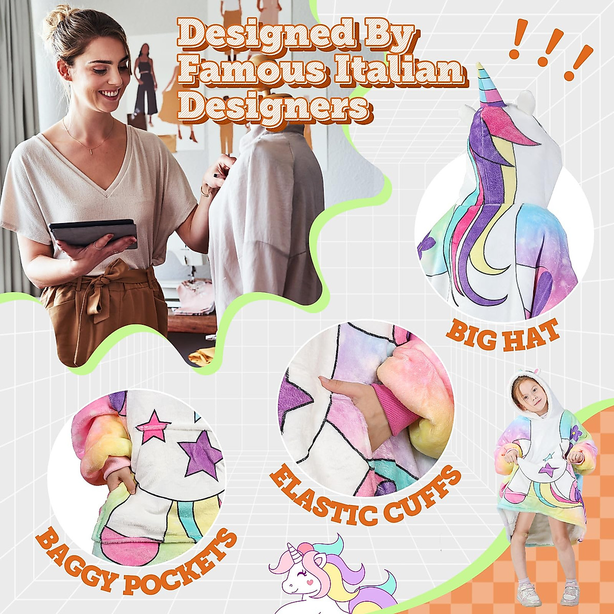 MIZZEO Kids Wearable Blanket Hoodie, Oversized Sherpa Wearable Blanket with Hood Pocket and Sleeves for Toddlers, Cute Hoodies 2-6 Year Old Girls Boys Youth Birthday Gifts (Unicorn)