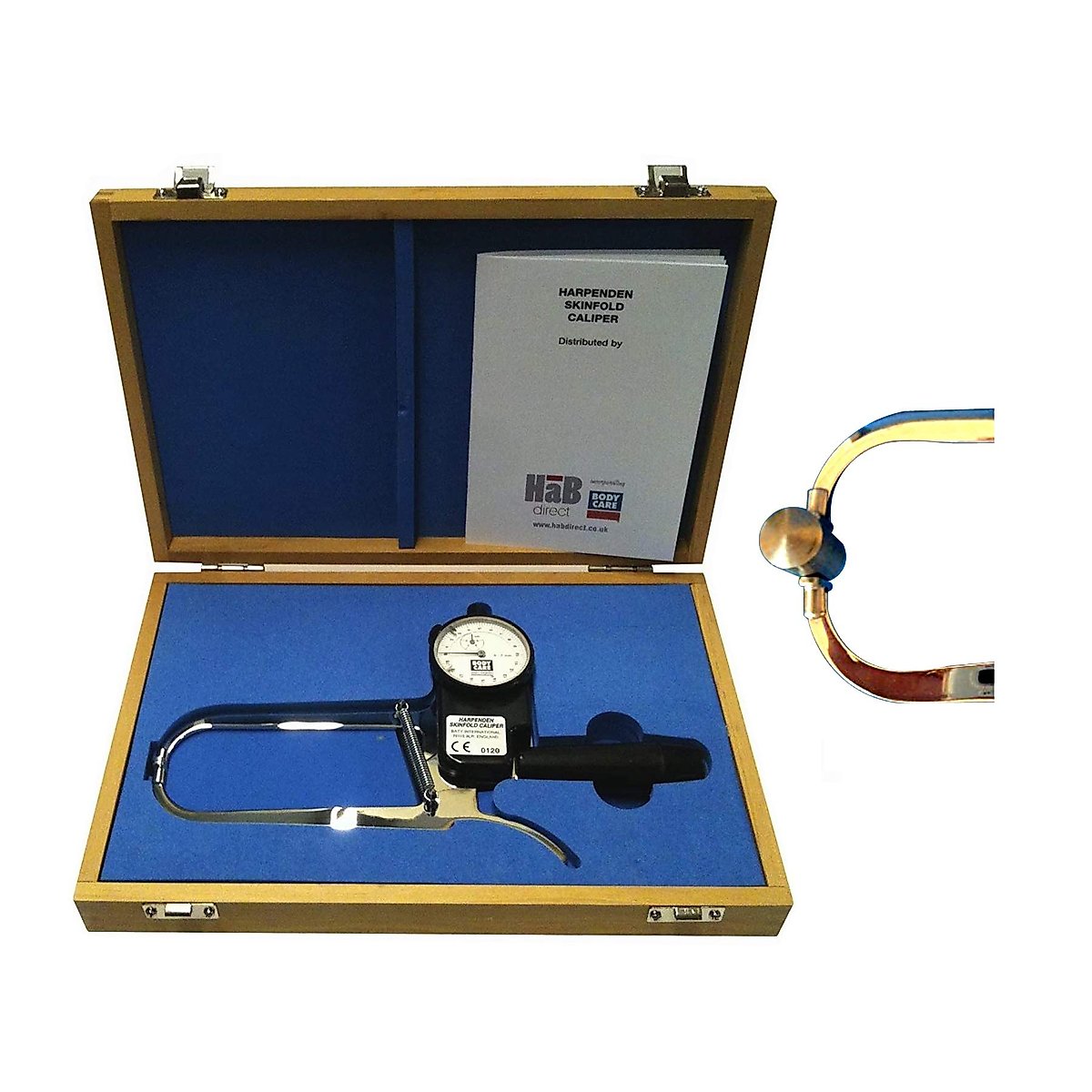 Harpenden Skinfold Caliper with Calibration Dowel, Wood Case, and Instruction Manual with Charts to Measure and Calculate Body Fat Percentage - 0.2 mm Accuracy, Scientific