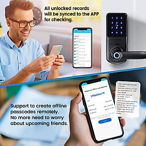 LOQRON Smart Fingerprint Door Lock, Security Keyless Entry Door Lock with Reversible Handle, Bluetooth Electronic Deadbolt Lock, App Control, Anti-Peep Digital Door Lock for Home Office - Black