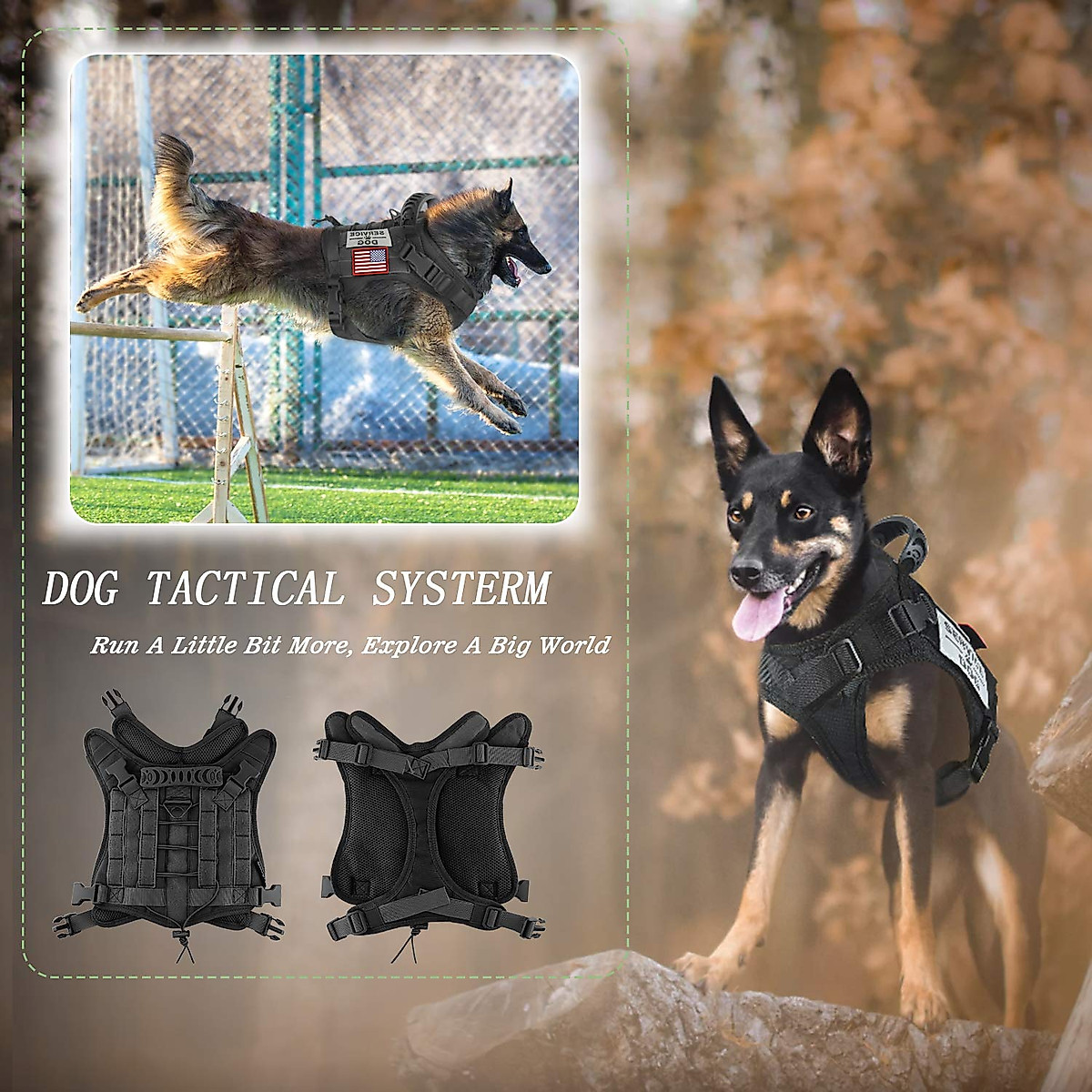 Hanshengday Tactical Service Dog Vest Harness for Medium Large Dog, Military K9 Training Dog Vest with Molle & Loop Panels Adjustable Tactical Dog Vest Harnesses with Handle (01XL, 01-Black)