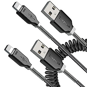 Coiled Lightning Cable for Car 2 Pack, Terasako Coil iPhone Charger Cable Compatible with iPhone 12Pro Max/12Pro/12/11/XS/XS Max/XR/X/8/8 Plus/iPad/iPod - Black