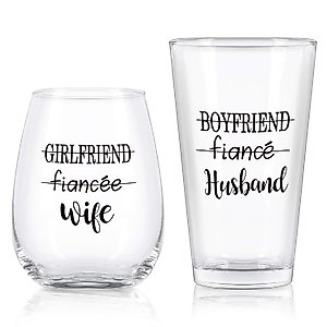 Modwnfy Husband Wife Stemless Wine Glass and Beer Glass Combo, Great Couple Gift for Wedding Engagement Party Bridal Shower Anniversary Valentine’s Day Wife Husband Couple Newly Married, Set of 2