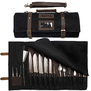 Asaya Waxed Canvas Knife Roll - 15 Knife Slots, Card Holder and Large Zippered Pocket - Genuine Leather, Cloth and Brass Buckles - for Chefs and Culinary Students - Knives Not Included