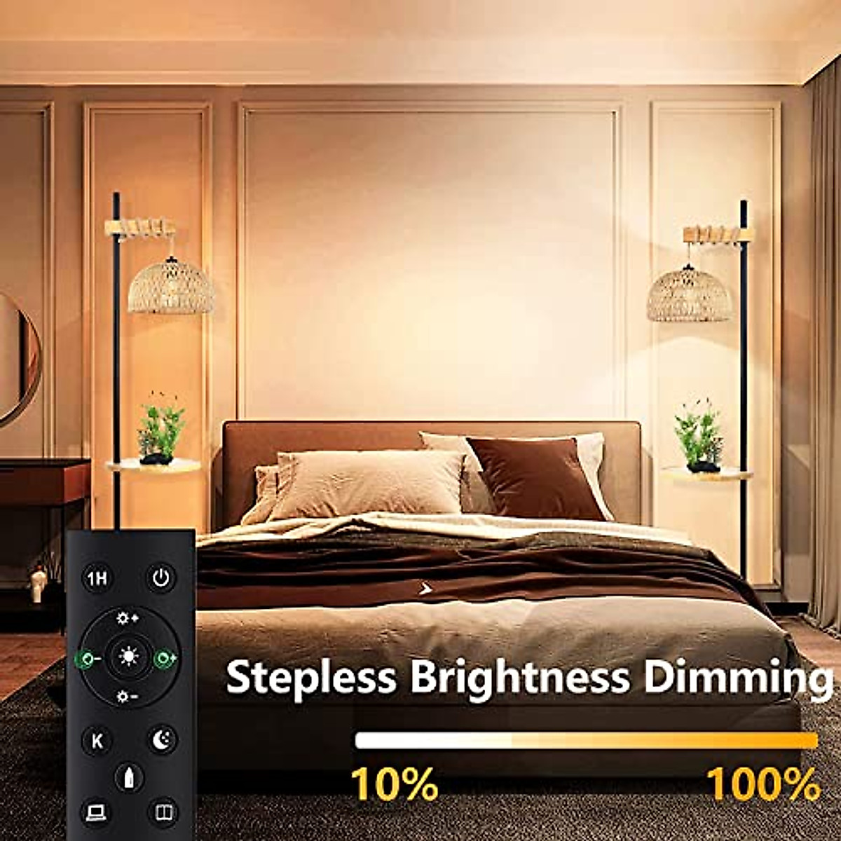 QIYIZM Floor Lamp with Table and Shelves for Living Room Bedroom Rattan Shelf Floor Lamps with Remote Boho Dimmable Standing Lamp Wicker Bamboo Wood Farmhouse Black Tall Lamp Rustic Floor Light