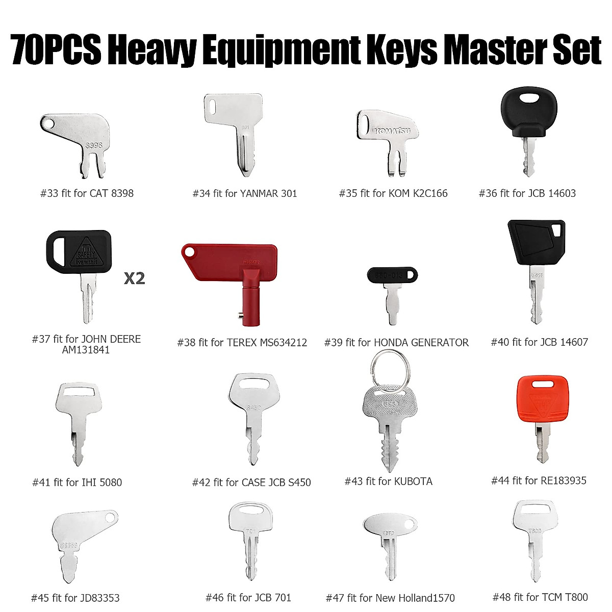 70 Heavy Equipment Keys Master Set, Construction Machinery Key for Cat Caterpillar John Deere Komatsu Volvo Bobcat Kubota JCB Sany Terex Case Hyster Yanmar Takeuchi New Holland Keys Heavy Equipment