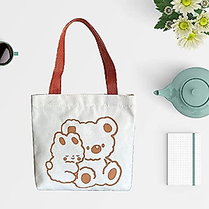Women Beige Tote Bag with Bear Pattern, Canvas Shoulder Bag, Stylish Hobo Crossbody Handbag, Casual Economical Tote Bag, Lightweight Reusable Grocery Shopping Cloth Bag, With Zipper Closure (1 Pack)