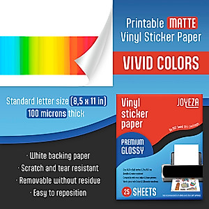JOYEZA Premium Printable Vinyl Sticker Paper for Inkjet Printer - 25 Sheets Glossy White Waterproof, Dries Quickly Vivid Colors, Holds Ink well - Inkjet & Laser Printer