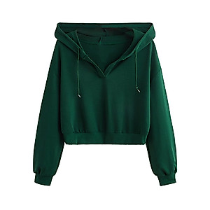 Verdusa Women's Long Sleeve Drop Shoulder Drawstring Crop Hoodie Sweatshirt Dark Green L