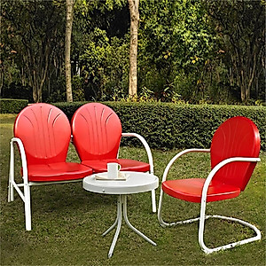 Crosley Furniture Griffith 3-Piece Retro Metal Outdoor Loveseat Patio Furniture Set for Porch, Deck, Balcony, Red