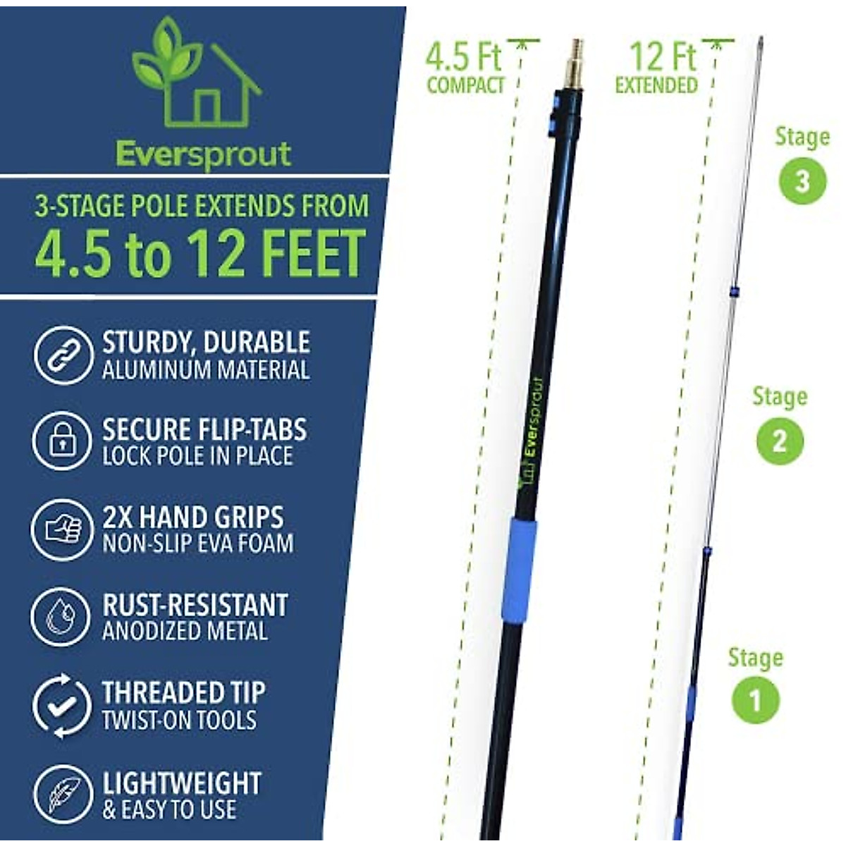 EVERSPROUT 12-Foot Fruit Picker (20+ Foot Reach) | Telescoping Fruit Picker Pole, Easy to Attach Twist-On Apple Basket | Lightweight, High-Grade Aluminum Extension Pole with Fruit Picker Basket