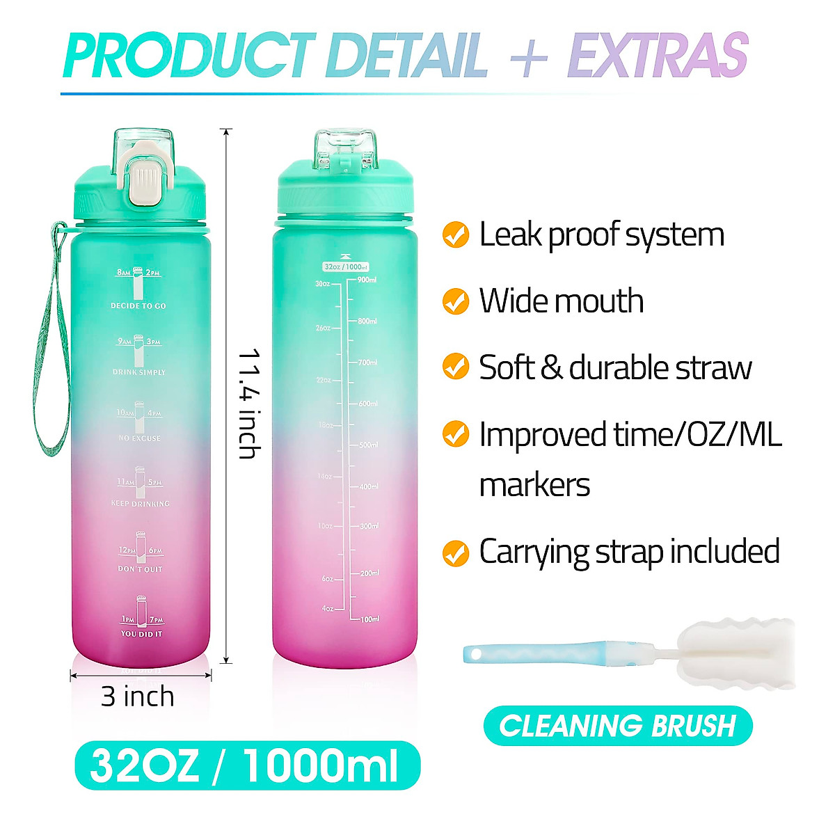 YC Kitchen Motivational Water Bottle with Time Marker- 32oz Water Bottles with Times to Drink, Leakproof & BPA Free Sports Water Bottle with Straw & Carry Strap for Fitness, Gym, and Outdoor Sports