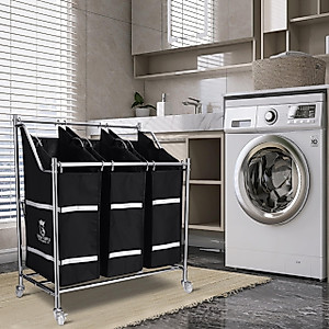 LUXURY STYLE 3- Sections Laundry Sorter, Roling Laundry Cart, Modern Golden Laundry Hamper, 3-Bags Laundry Hamper with Wheels, Laundry Basket, XL Hamper for Clothes, Toys, and Towels (Elegant Silver)