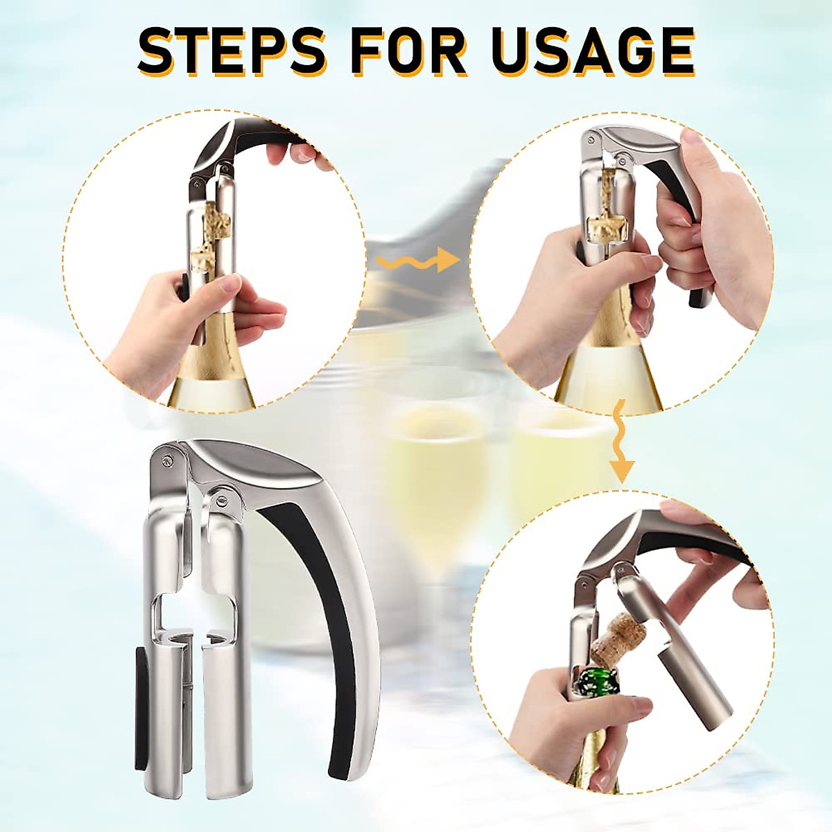 Champagne Opener,3pcs Bar Home Appliance Champagne Bottle Opener Sparkling Wine Cork Puller,Bar Jar Cork Puller Champagne Corkscrew Kitchen Sparkling Wine Bottle Opener(silver)