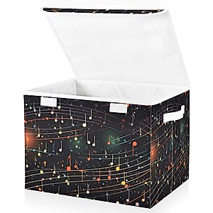 TecEr Musical-notes-black Large Fabric Foldable Storage Bins with Lids and Handle, Decorative Storage Box Cube for Shelves Closet Home Bedroom Office