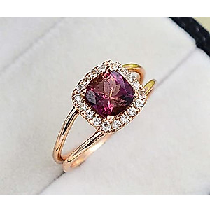 Natural Pink Tourmaline 7 MM Cushion Cut Gemstone 925 Sterling Silver October Birthstone Solitaire Unisex Ring For Christmas Gift (Rose Gold Rhodium Plated Silver, 8.5)