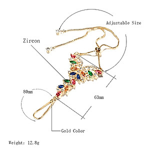 Boho Butterfly Finger Ring Bracelet for Women Girls 14K Gold Plated Colorful Cubic Zirconia Slave Hand Chain Harness Bangle Gypsy Bollywood Wedding Birthday Christmas Party Y2K Jewelry Delicate Gift