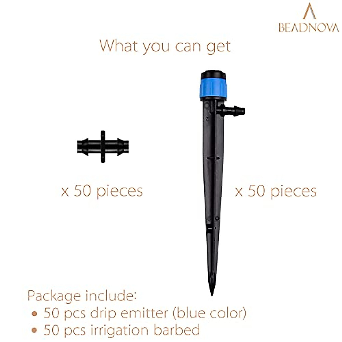 BEADNOVA Drip Irrigation Spray Emitters 50pcs Drip Emitters for 1/4 Inch with Straight Coupling Full Circle Micro Sprinkler Adjustable Irrigation Drippers for Drip Irrigation Parts Garden Patio Lawn