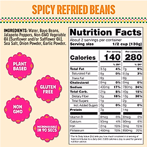 SOMOS Spicy Refried Beans - Gluten Free, Non-GMO, Vegan & Microwavable Meals Ready to Eat - Delicious, Healthy & Convenient - Perfect for Tacos, Tostadas & More | 10 oz (Pack of 6)