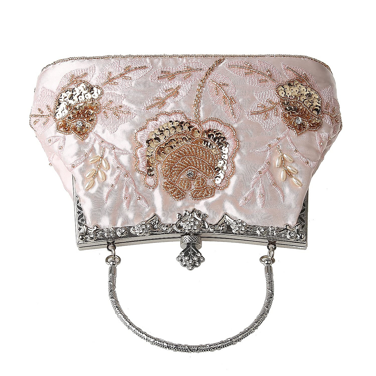 Womens Vintage Floral Beaded Rhinestone Embroidery Clutch Sequin Crossbody Bag Evening Handbag for Bridal Wedding Party Prom