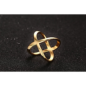 MEALGUET Gold Plated Stainless Steel X Criss Cross Statement Ring for Women Stackable Gold-tone Fashion Party Cocktail Rings Wide Band,size 9