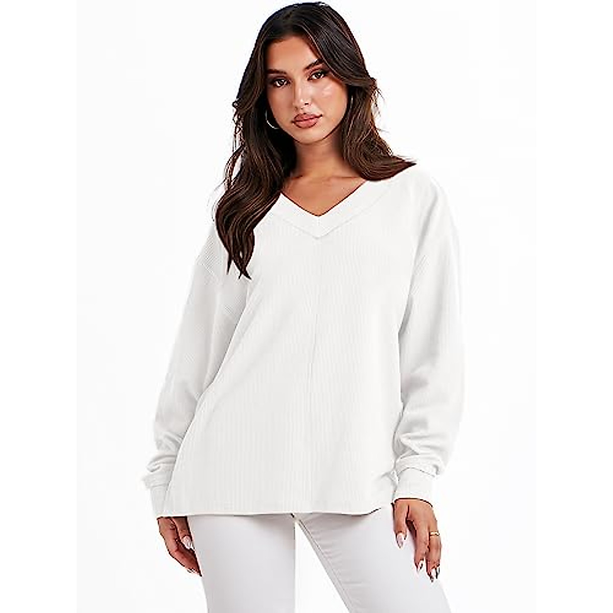 ANRABESS Women Long Sleeve Fall Shirt V Neck Off Shoulder Sweatshirt Ribbed Knit Pullover Sweater Loose Fit High Low Tunic Tops 2023 Trendy Clothes A1069baise-M White