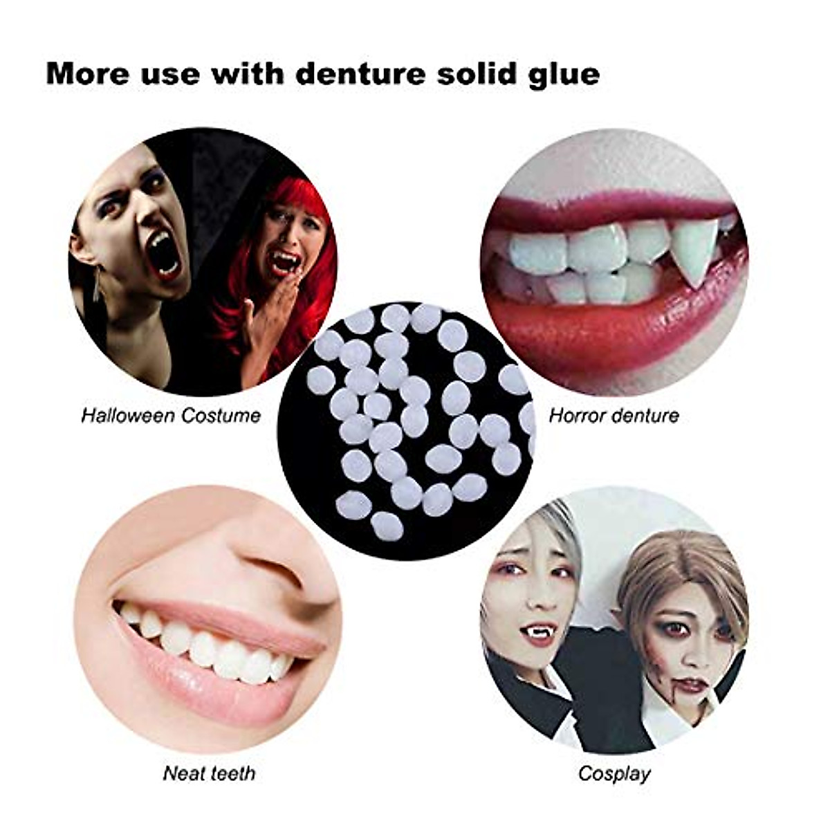 Gustum 3 Pairs Vampire Fangs Teeth with 1 Tube Teeth Pellets Adhesive Halloween Horror Party Cosplay Costumes Accessory Prop Decoration