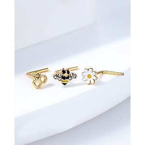 Jewseen 3PCS Nose Rings 20G Gold Nose Stud Surgical Steel Nose Piercing Jewelry Bee Nostril Piercing Jewelry L-Shaped Nose Piercings for Women Men