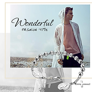 Flongo Cross Rosary Beads Bracelet Vintage Stainless Steel Jesus Christ Crucifix Cross Wristband for Men Women Christmas Wedding